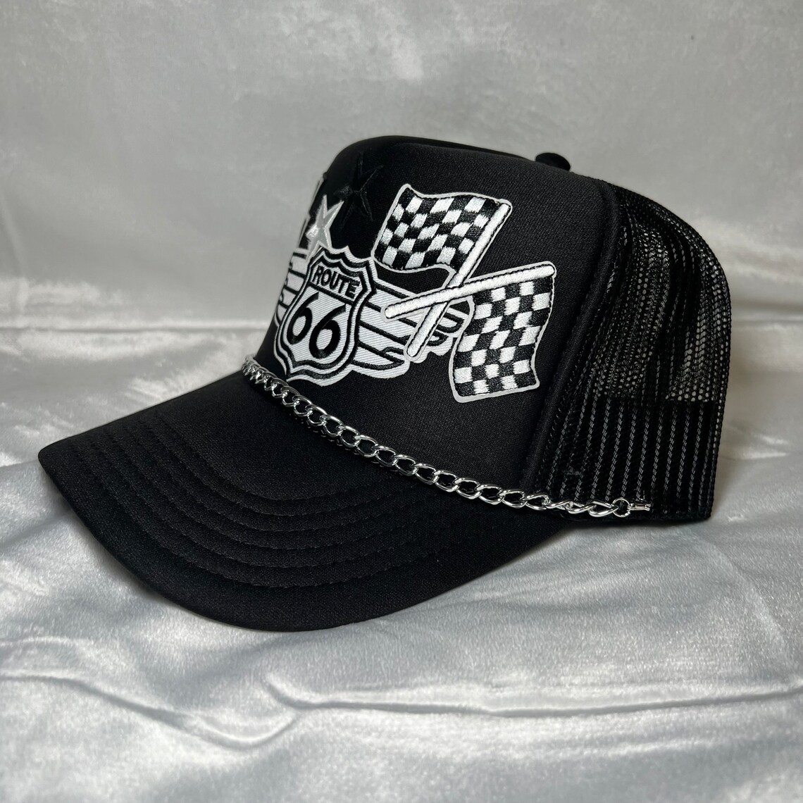 Route 66 Checkered Flag Trucker Hat, Trendy Trucker Hat, Racingtrucker ...