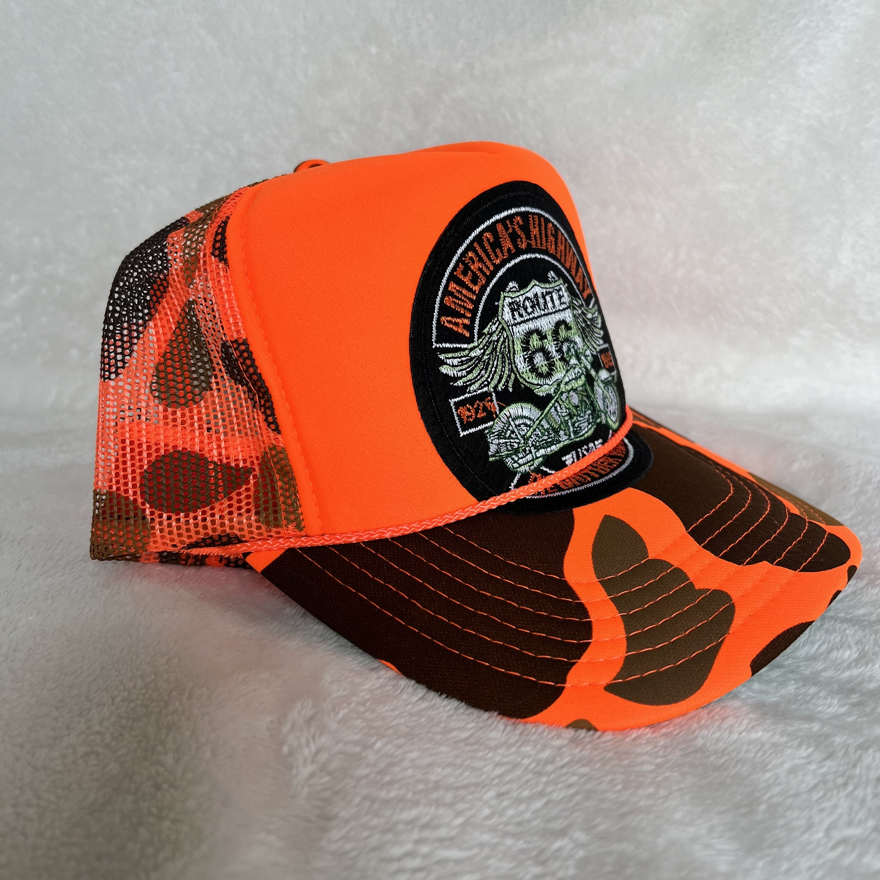 America’s Highway Route 66 - Neon, Orange Camo Trucker Hat Trendy ...