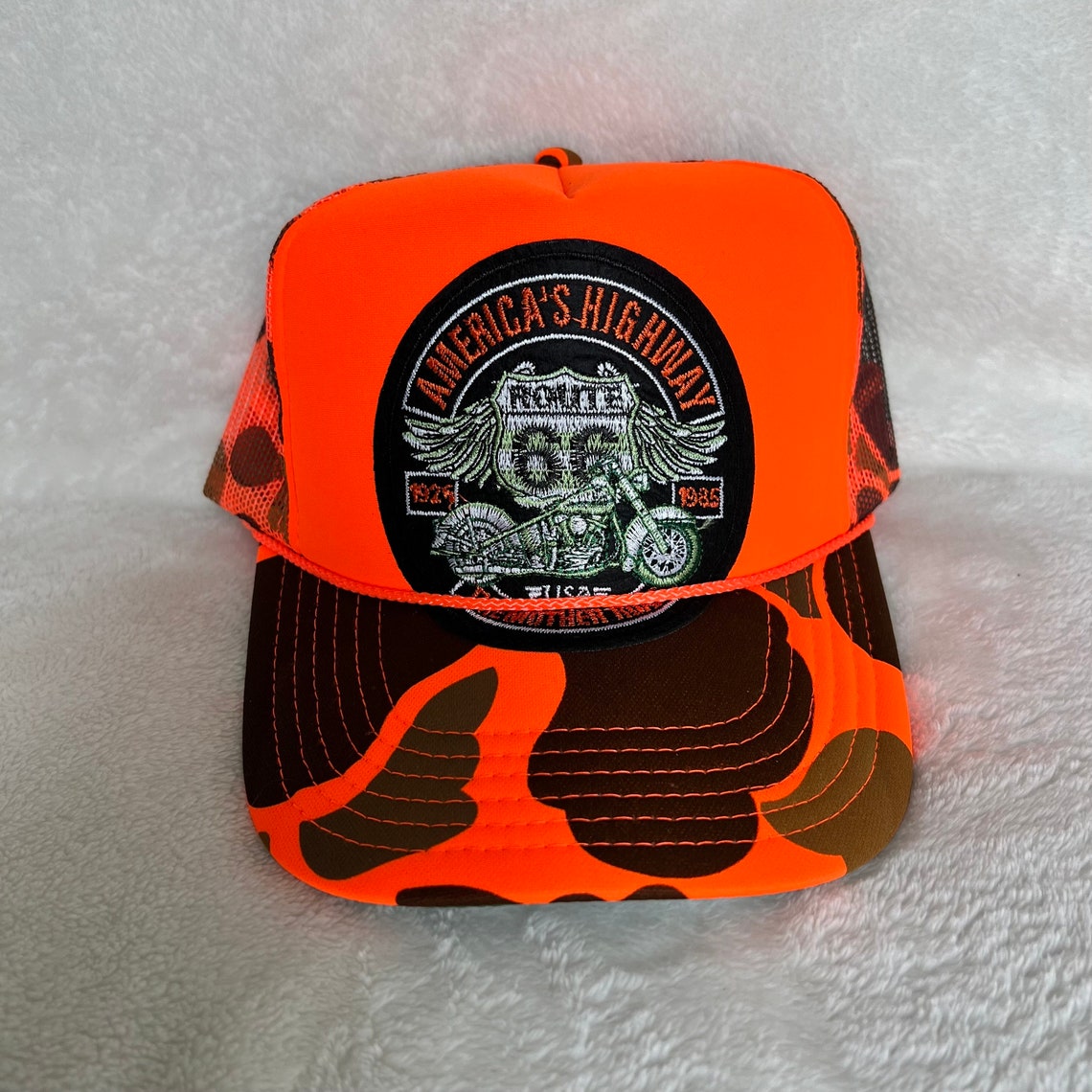 America’s Highway Route 66 - Neon, Orange Camo Trucker Hat Trendy ...