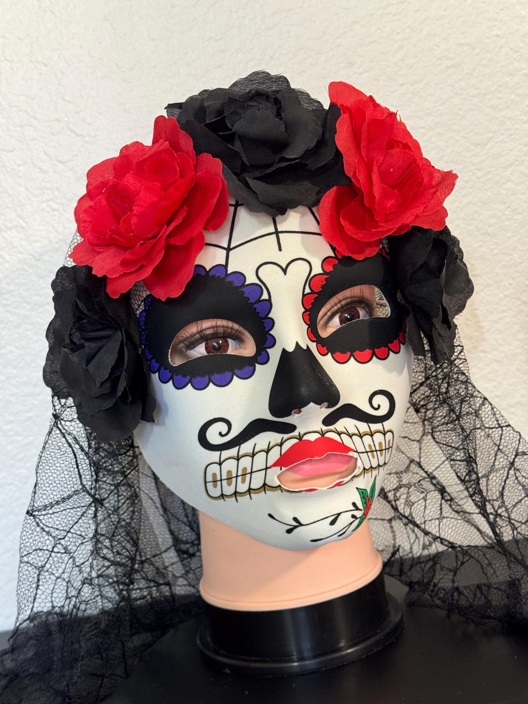 Day of the Dead Sugar Skull Mask With Red & Black Roses Veil - Etsy