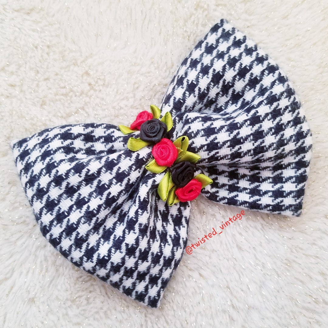 Houndstooth Red Black White Roses Hair Bow Clip Winter Holiday Ladies ...