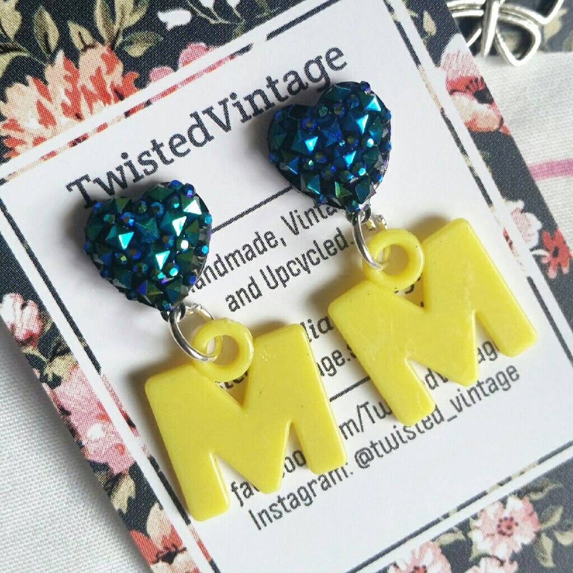 Yellow Letter M Monogram Sparkly Blue Heart 90s Style Earrings - Etsy