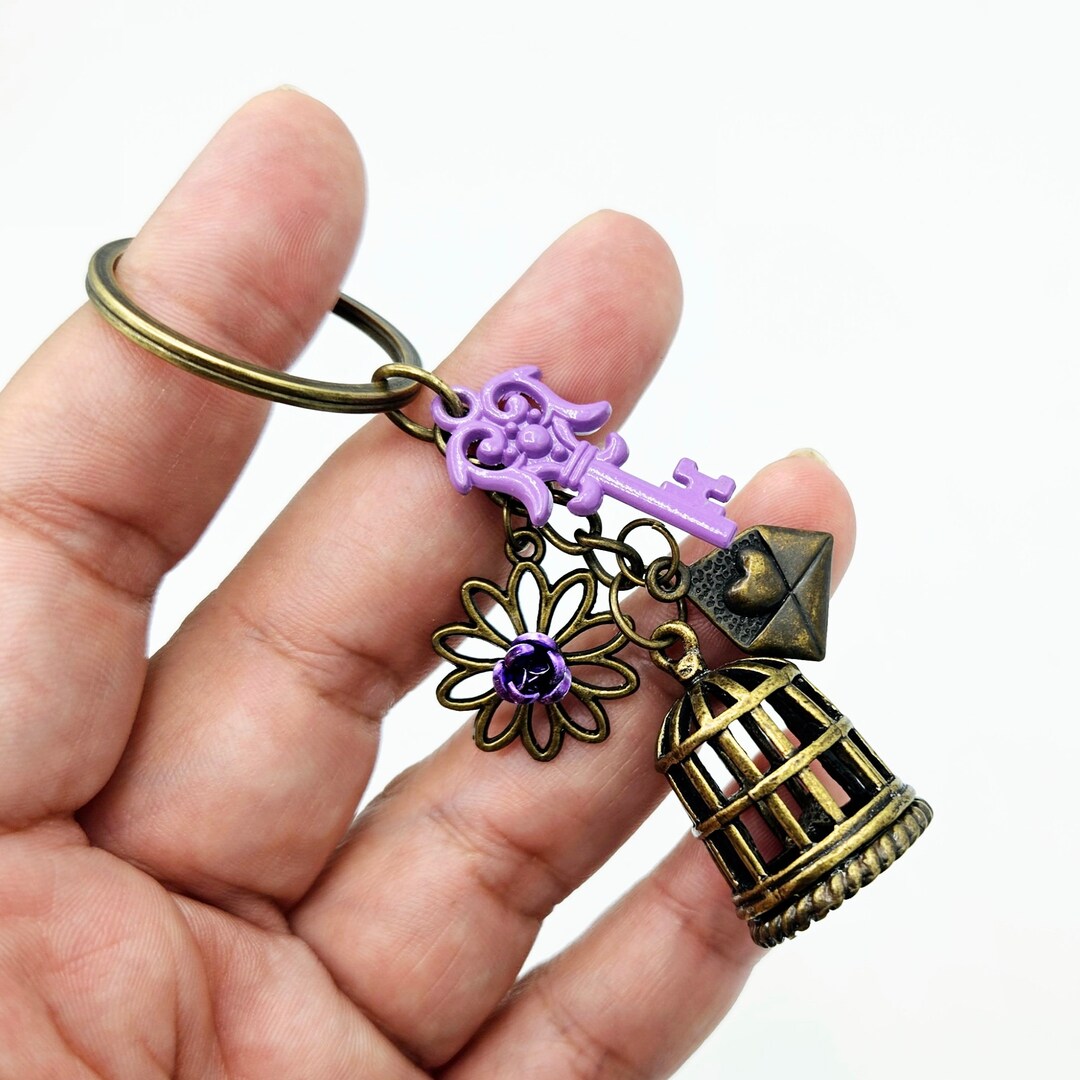 Handmade Caged Bird Birdcage Love Letter Purple Key Flower Charms ...