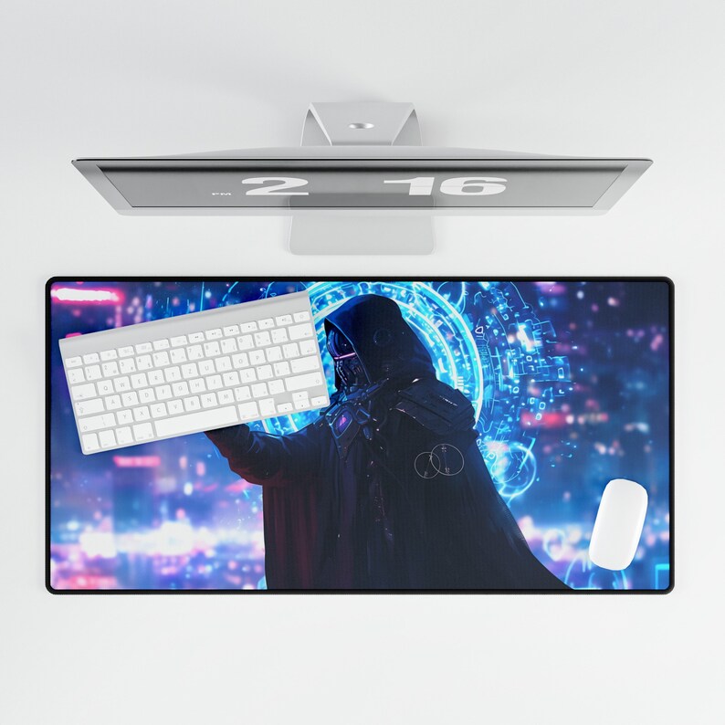 Neon Grimoire: Cyberpunk Shaman Mousepad Holographic Cityscape ...