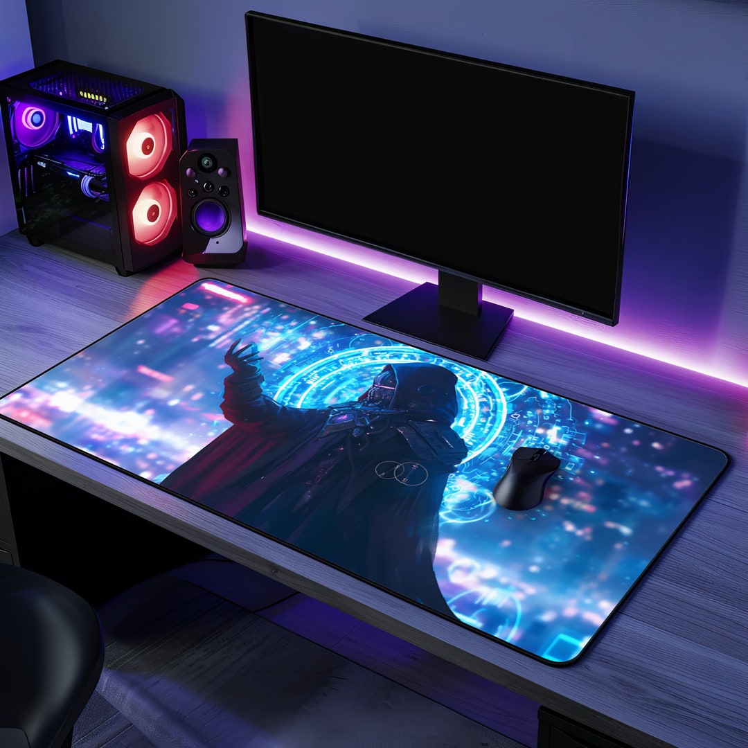 Neon Grimoire: Cyberpunk Shaman Mousepad | Holographic Cityscape ...