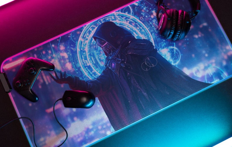 Neon Grimoire: Cyberpunk Shaman Mousepad Holographic Cityscape ...