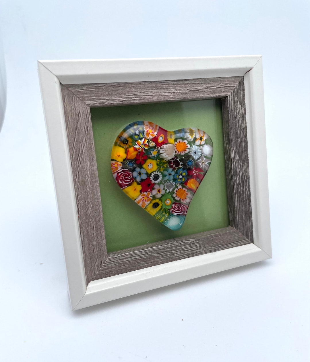 Framed Millefiori Glass Heart/fused Glass Heart/glass Heart in White ...