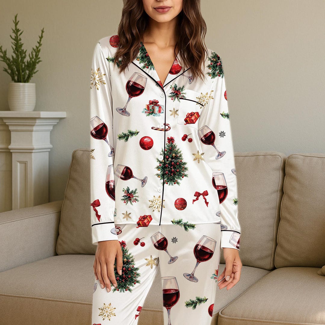 Christmas Wine Pajamas Set for Women, Wine Lover Gift Holiday Pjs Set ...