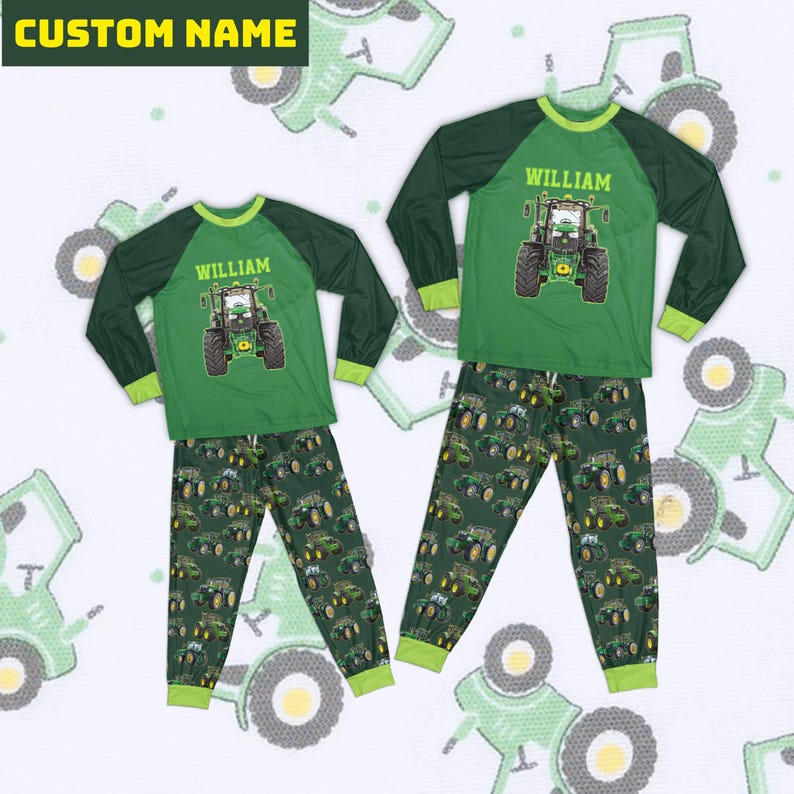 Custom Name Tractor Pajamas Set for Kids – Green Tractor Pjs, Farm ...