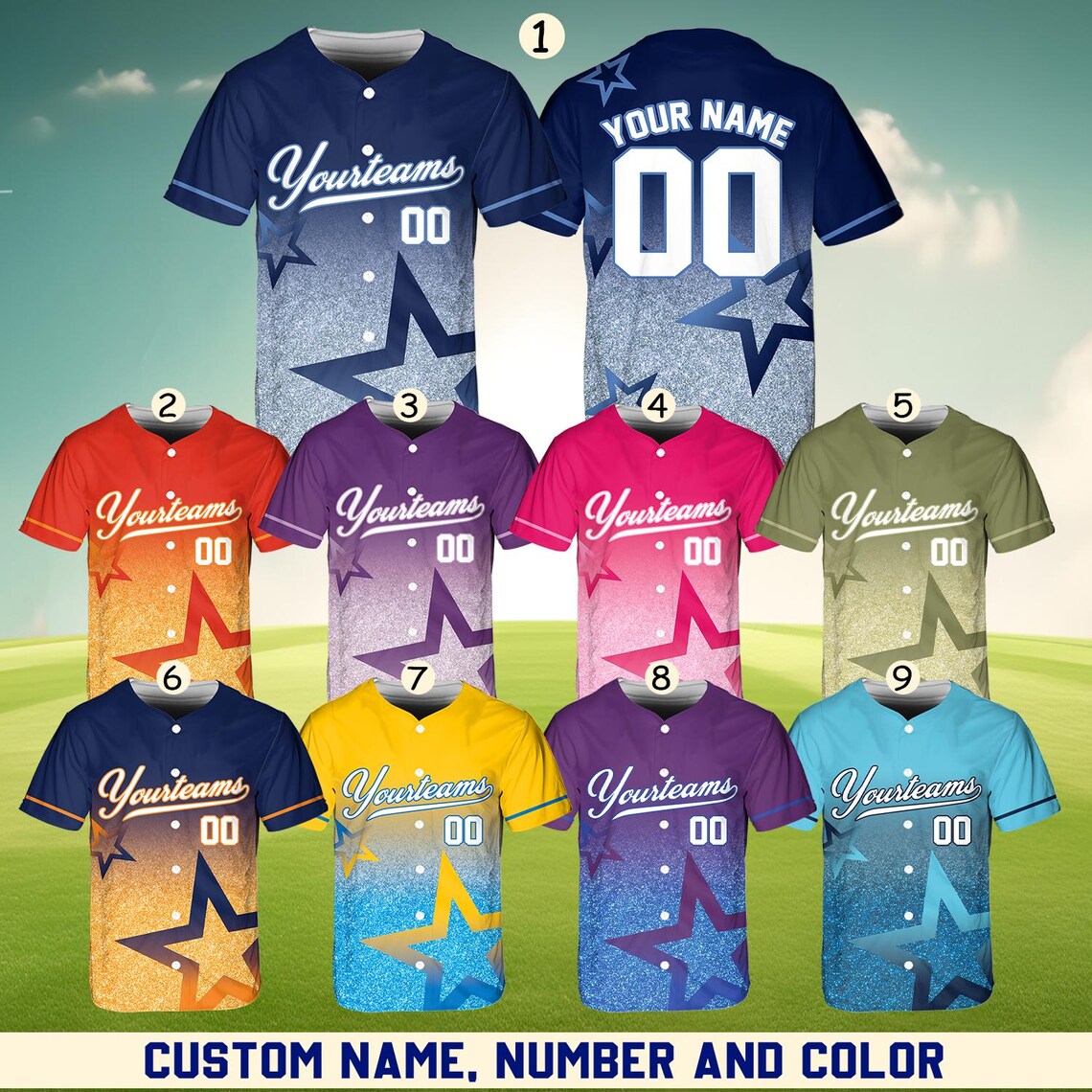 Custom Glitter Star Text Team Name and Number Baseball Jersey ...