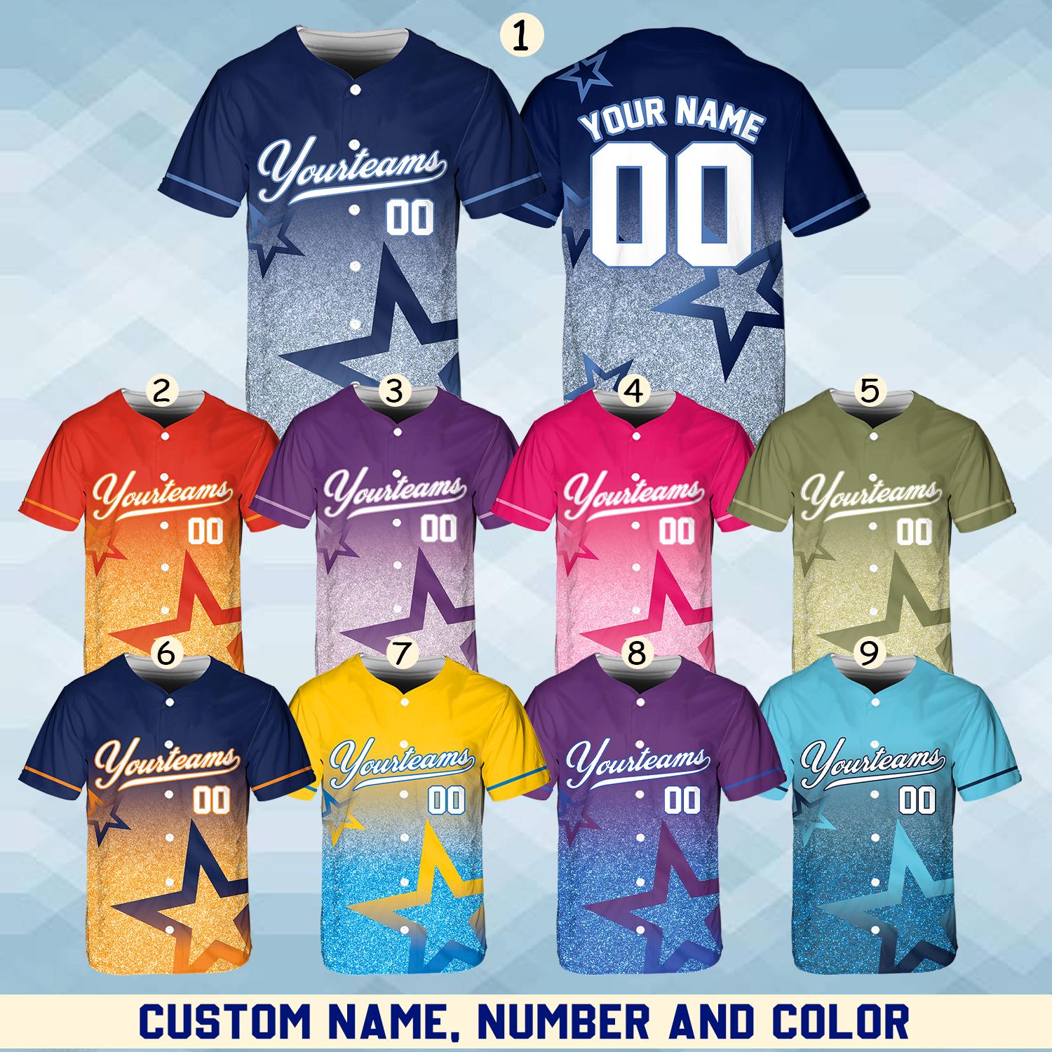 Custom Glitter Star Text Team Name and Number Baseball Jersey ...