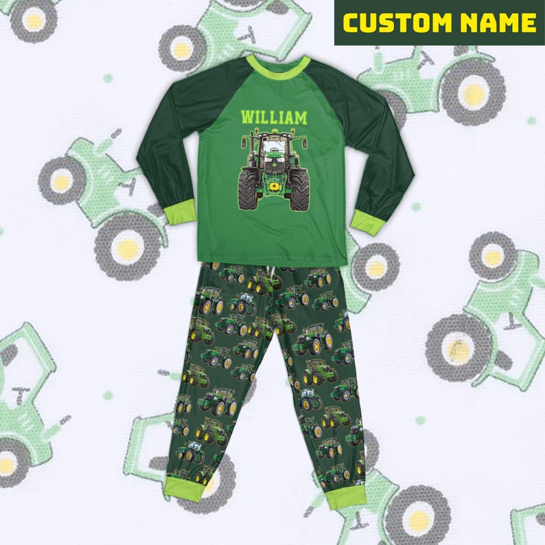 Custom Name Tractor Pajamas Set for Kids – Green Tractor Pjs, Farm ...