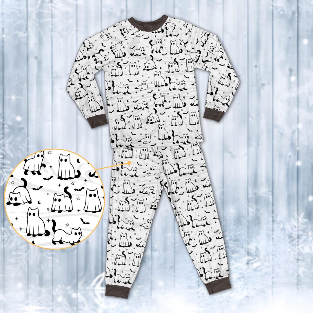 Cute Ghost Cat Halloween Pajamas Set, Spooky Cartoon Black Cat ...