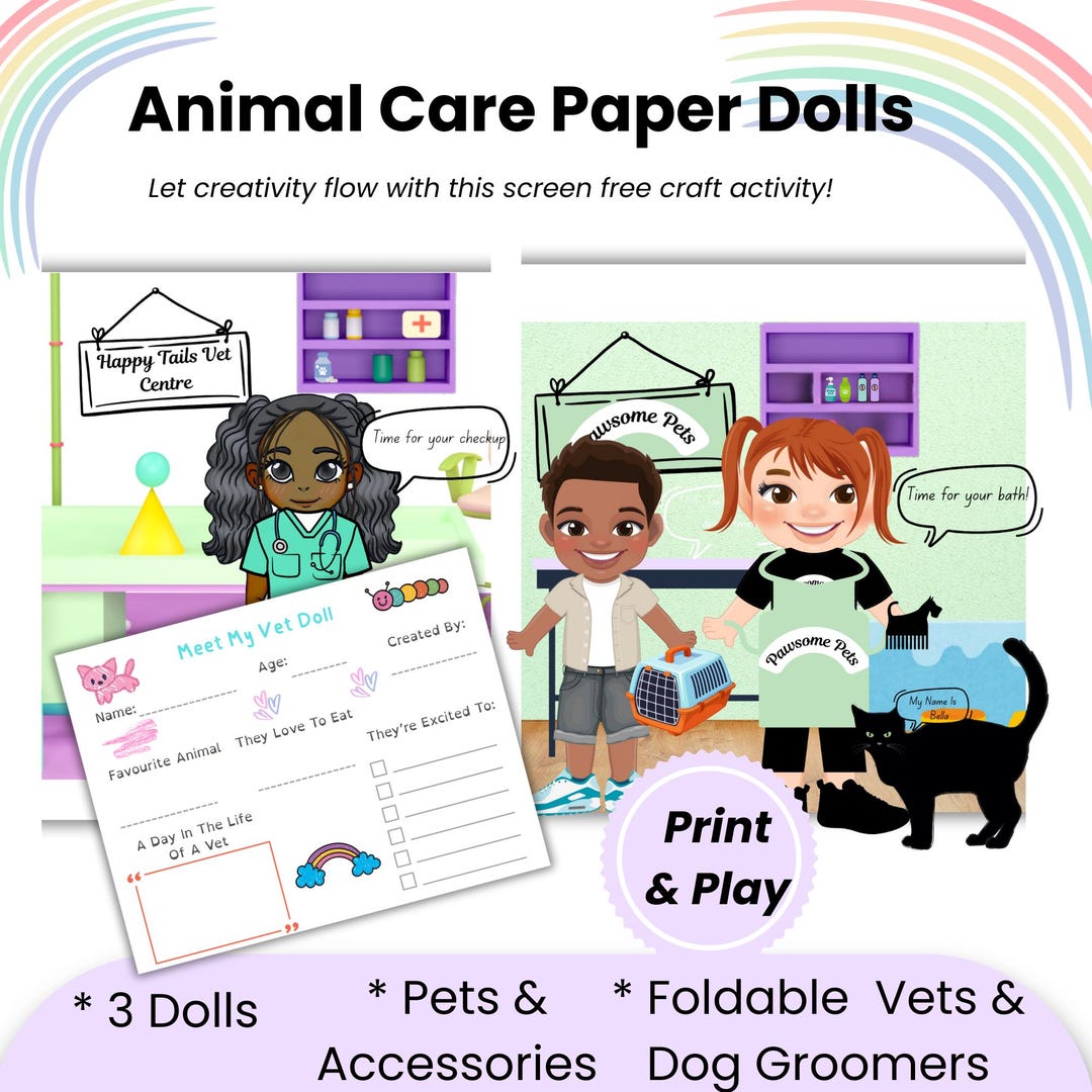 Printable Vet Paper Dolls Dress-up – Kids Pretend Play Clinic – DIY ...
