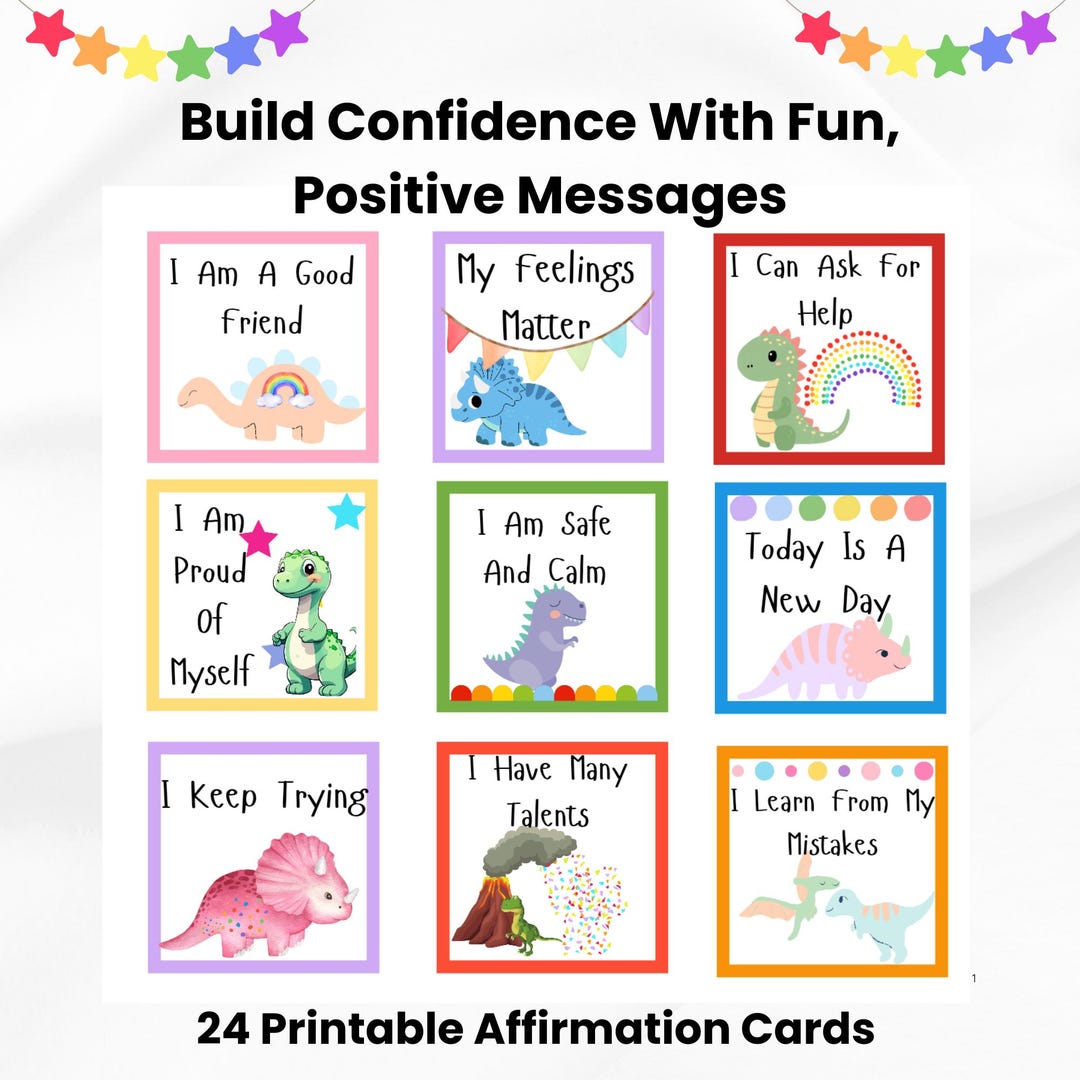 Dinosaur Affirmation Cards for Kids, Rainbow Quote Card, 24 Positive ...