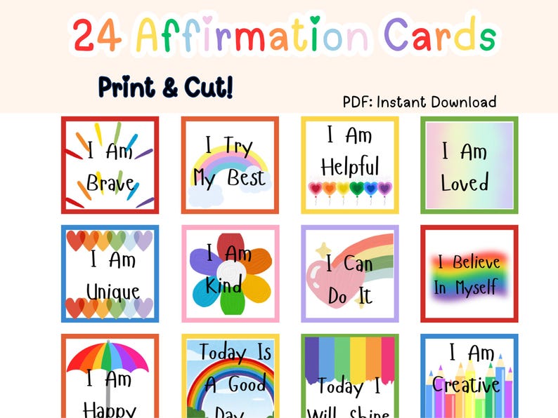 Printable Rainbow Affirmation Cards for Kids - Etsy
