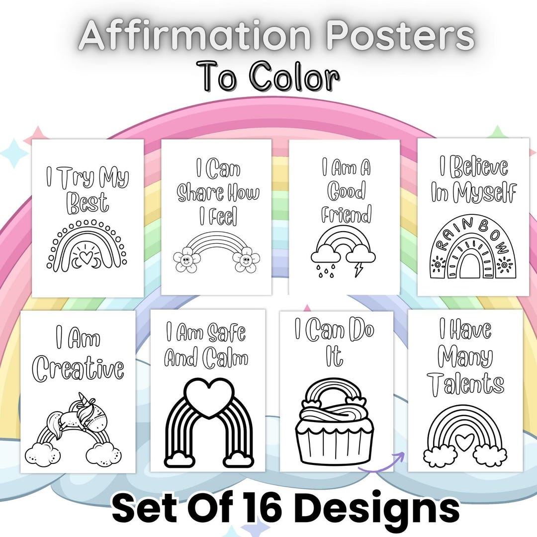 Affirmation Poster Set for Kids: Rainbow Coloring Pages (digital ...