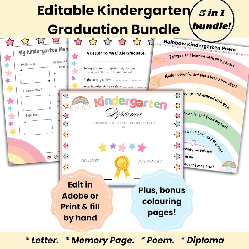 Editable Kindergarten Graduation Bundle: Diploma, Poem, Letter (digital ...