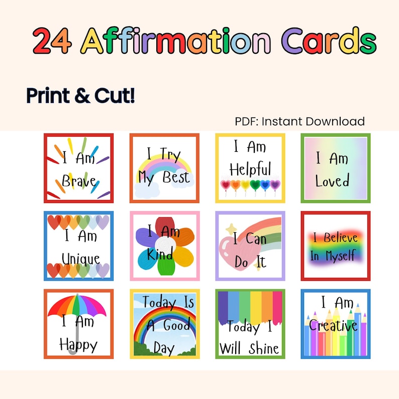 Printable Rainbow Affirmation Cards for Kids - Etsy