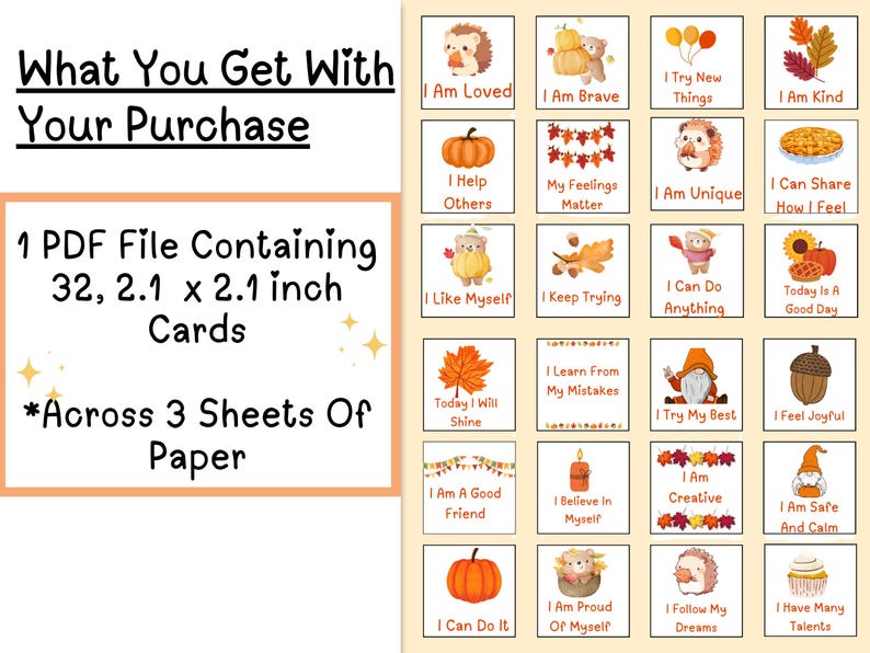 Printable Affirmation Cards for Kids- Thanksgiving, Autumn, Fall Theme ...