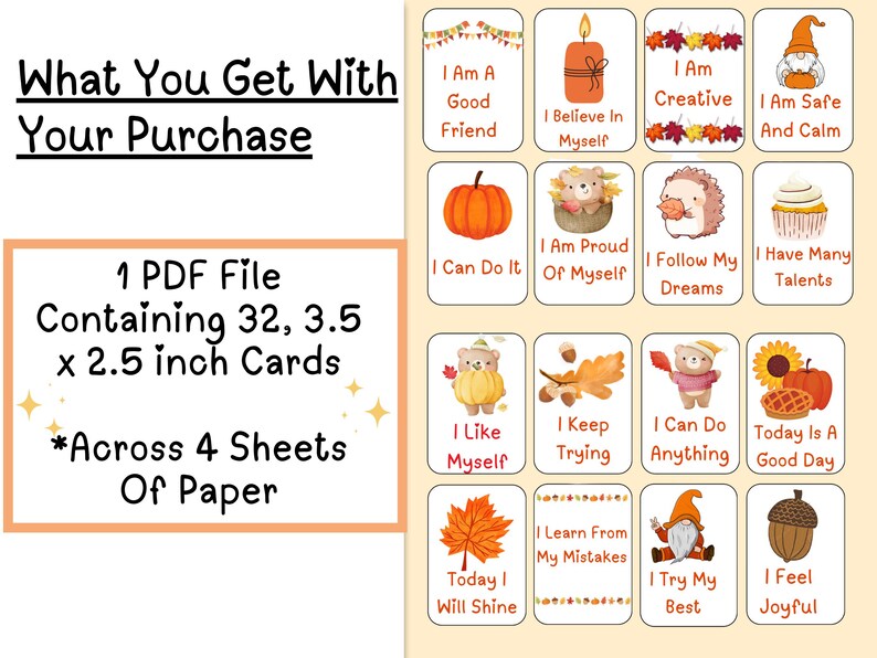 Printable Affirmation Cards for Kids- Thanksgiving, Autumn, Fall Theme ...