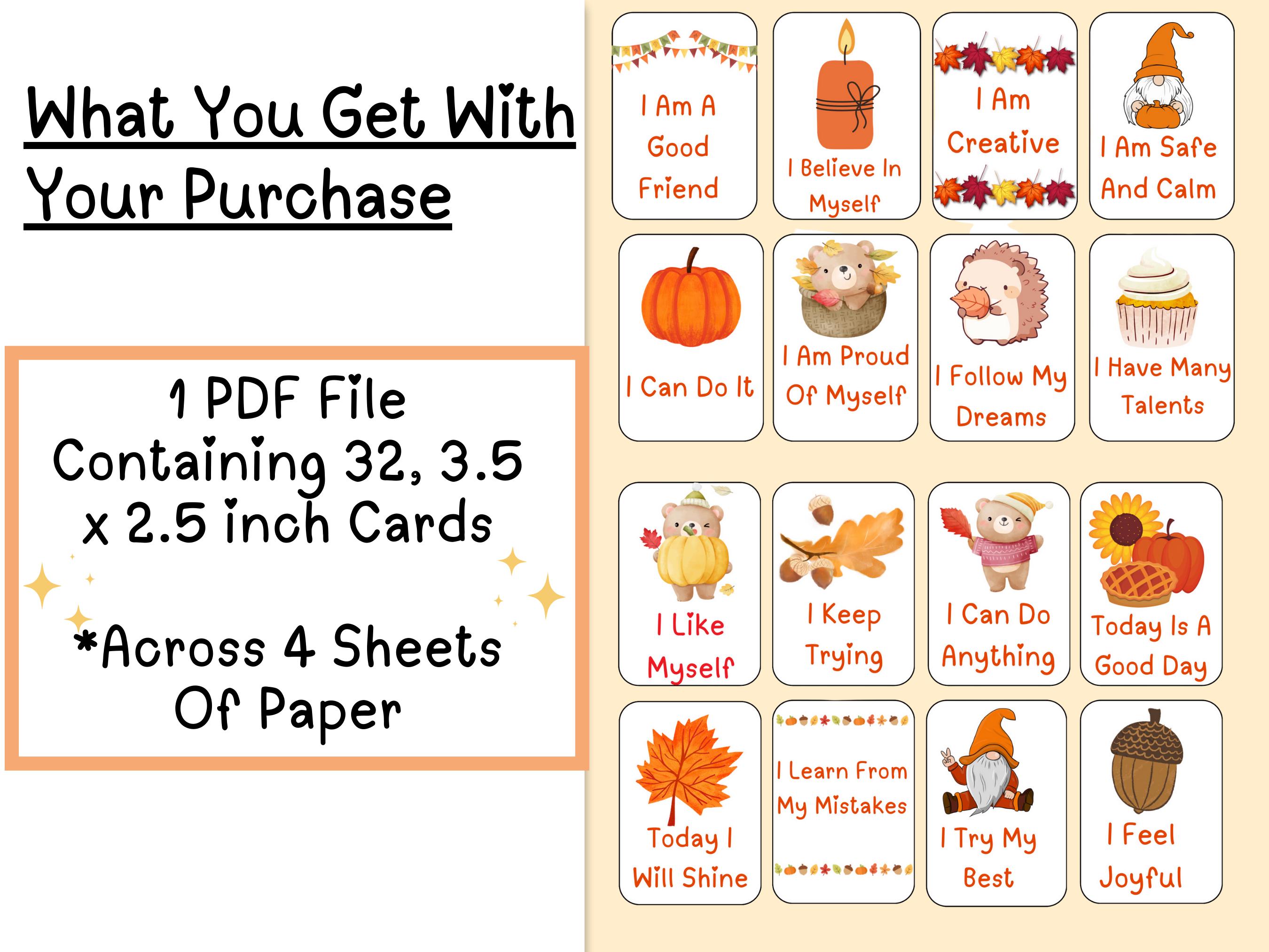 Printable Affirmation Cards for Kids- Thanksgiving, Autumn, Fall Theme ...