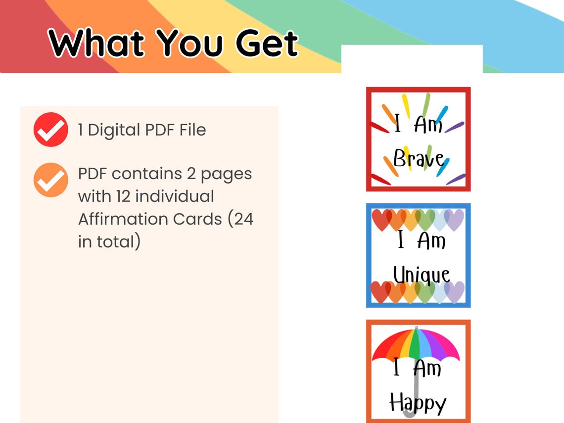 Printable Rainbow Affirmation Cards for Kids - Etsy