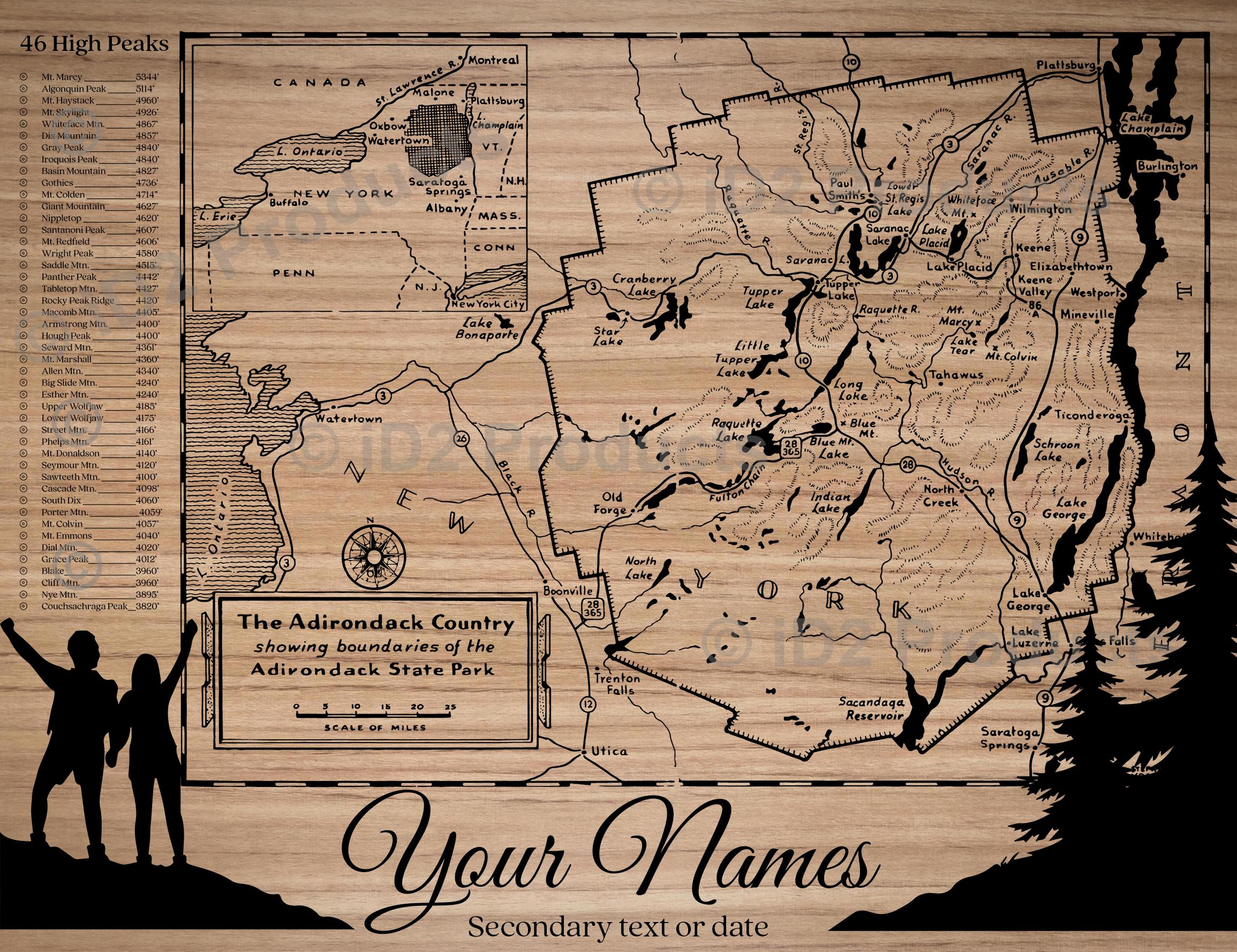 Adirondack State Park Map, 46 High Peaks Marker, Personalized Map and ...