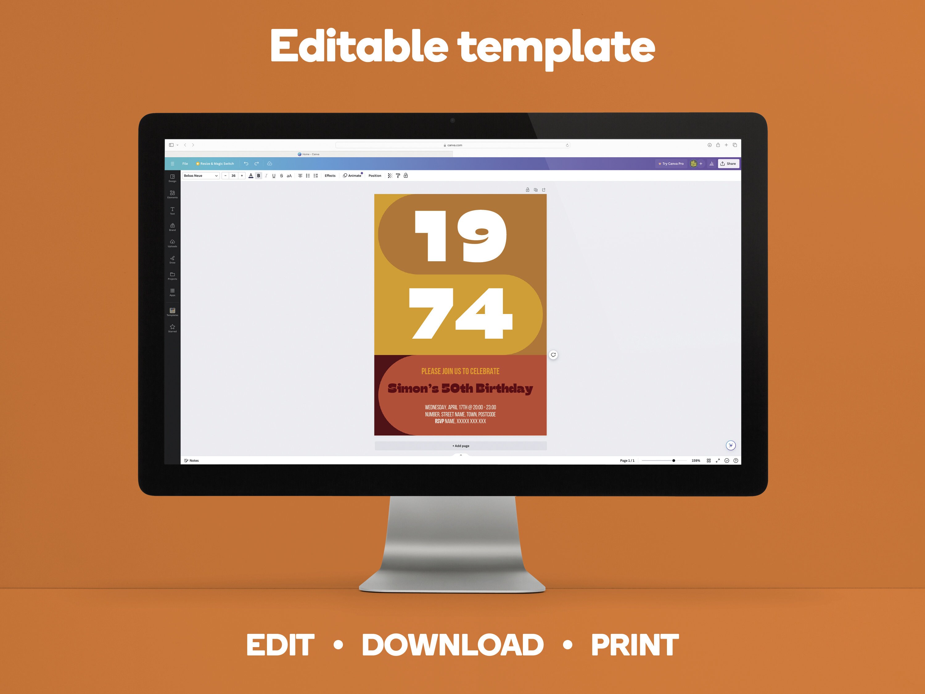 Instant Download Retro 1974 50th Birthday Party Invite. Born in 1974 ...