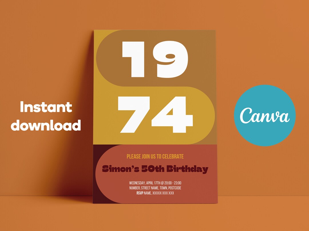 Instant Download Retro 1974 50th Birthday Party Invite. Born in 1974 ...