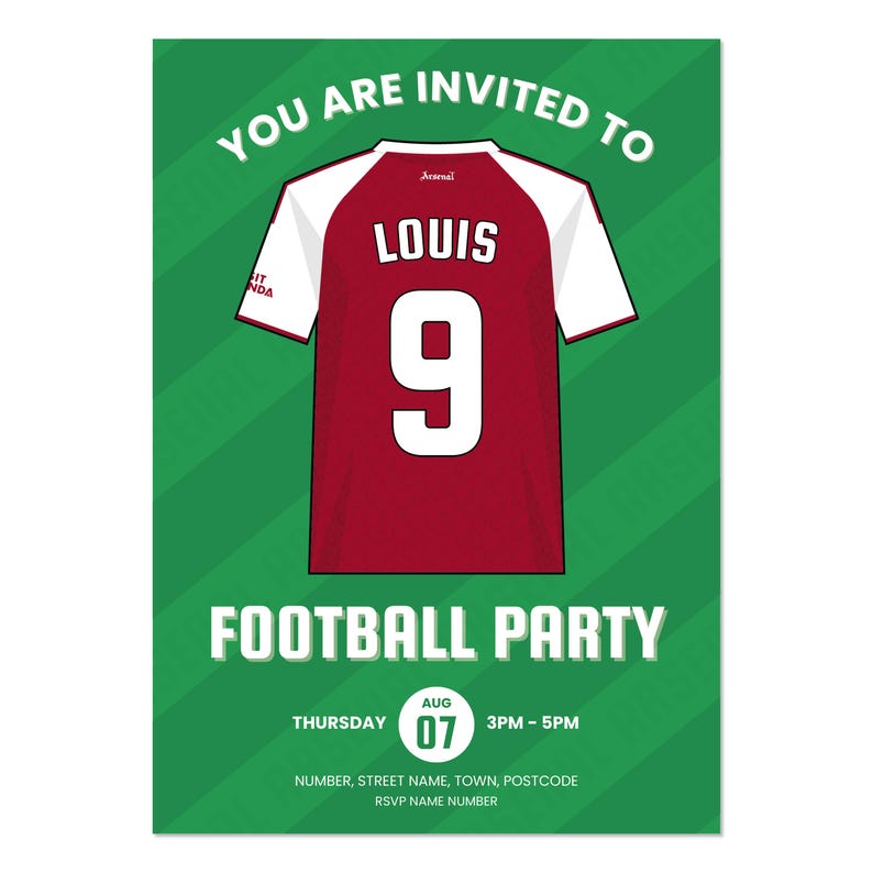 Editable Arsenal FC Birthday Invitation: Football Party, Canva Template ...