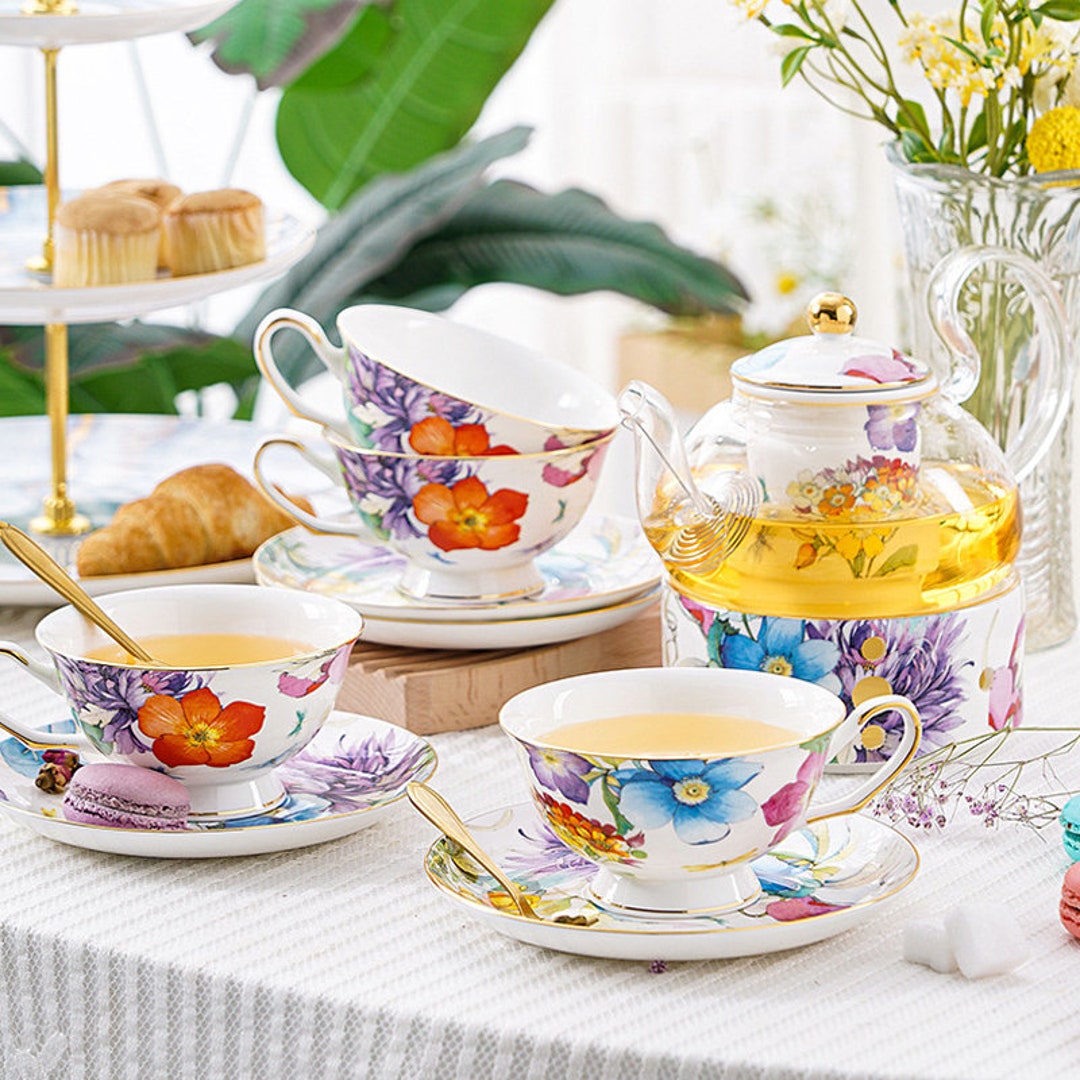 Ceramic Floral Tea Set Tea Set Glass Teapot English Afternoon Tea Set ...
