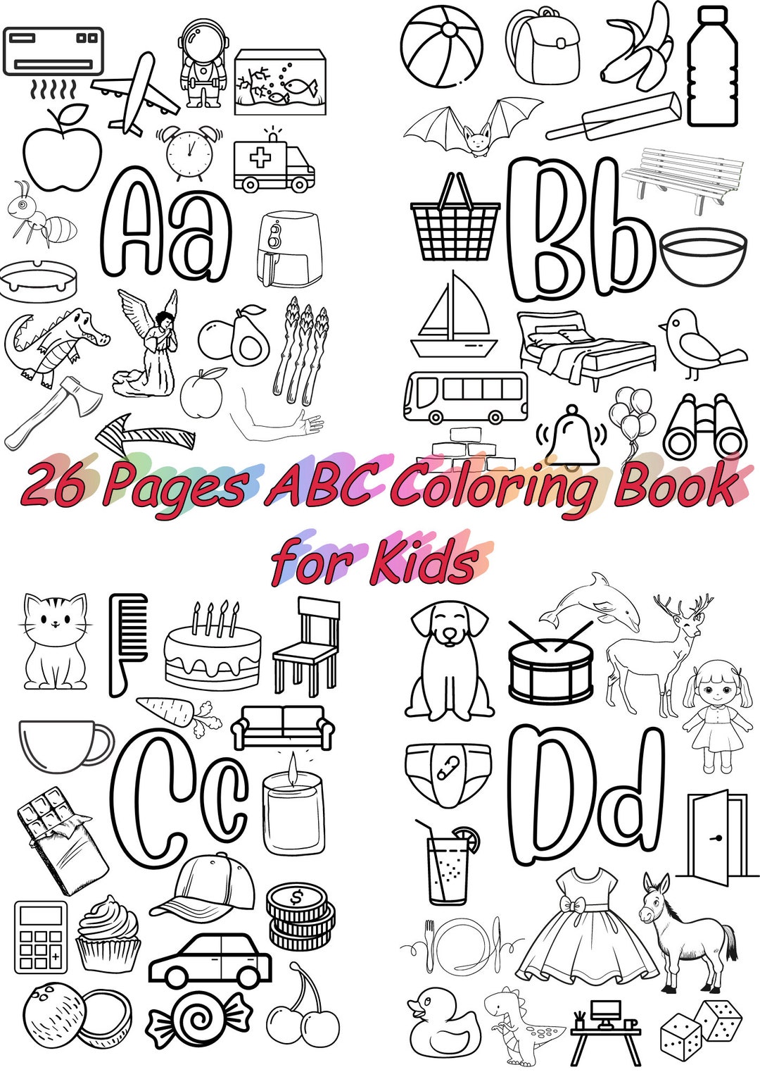 Alphabet Coloring Book for Kids & Adults. ABC Animals, Fruits, Animated ...