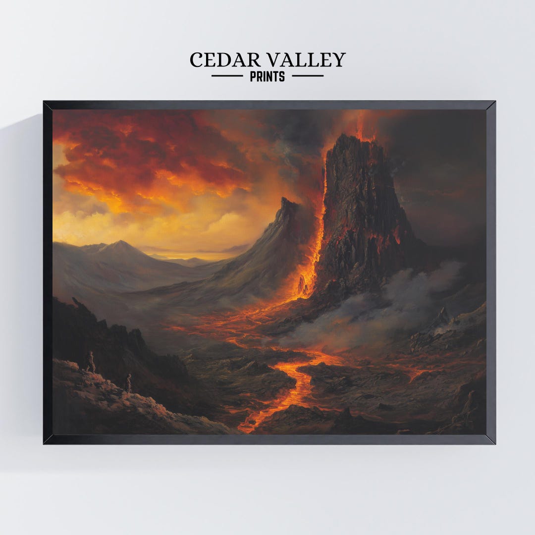 Volcano Oil Painting, Printable Landscape Wall Art, Serene Nature Oil ...