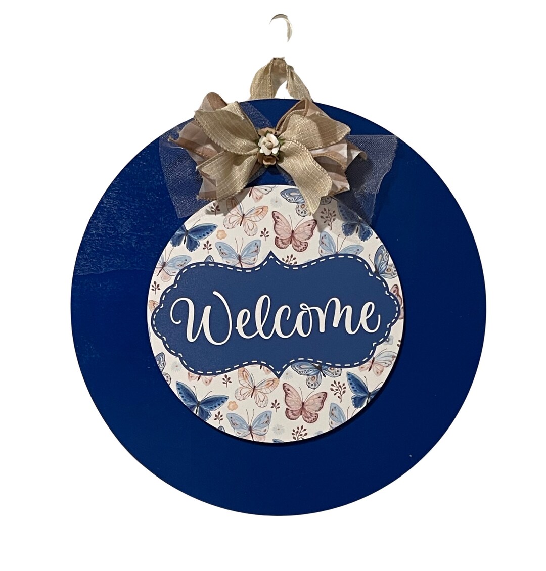 Welcome Sign, Butterfly Door Sign, Blue Sign, Wooden Sign, Wooden ...