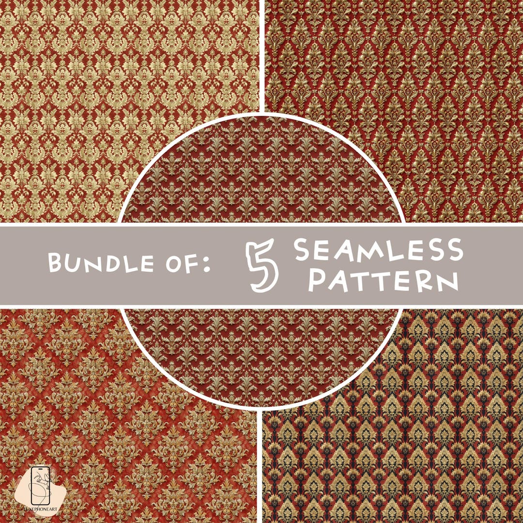 Bundle of 5 Vintage Damask Printable Paper, Digital Wallpaper for ...
