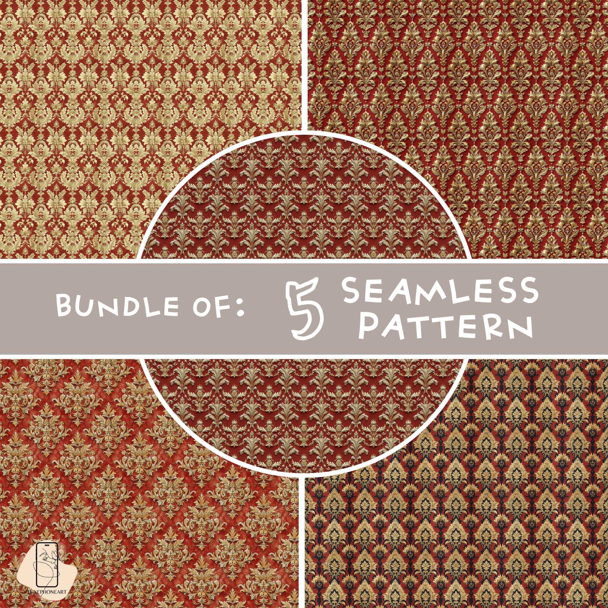 Bundle of 5 Vintage Damask Printable Paper, Digital Wallpaper for ...