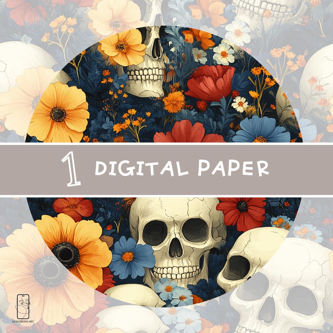 Single Modern Printable Paper Card With Gothic Skull and Floral Plant ...