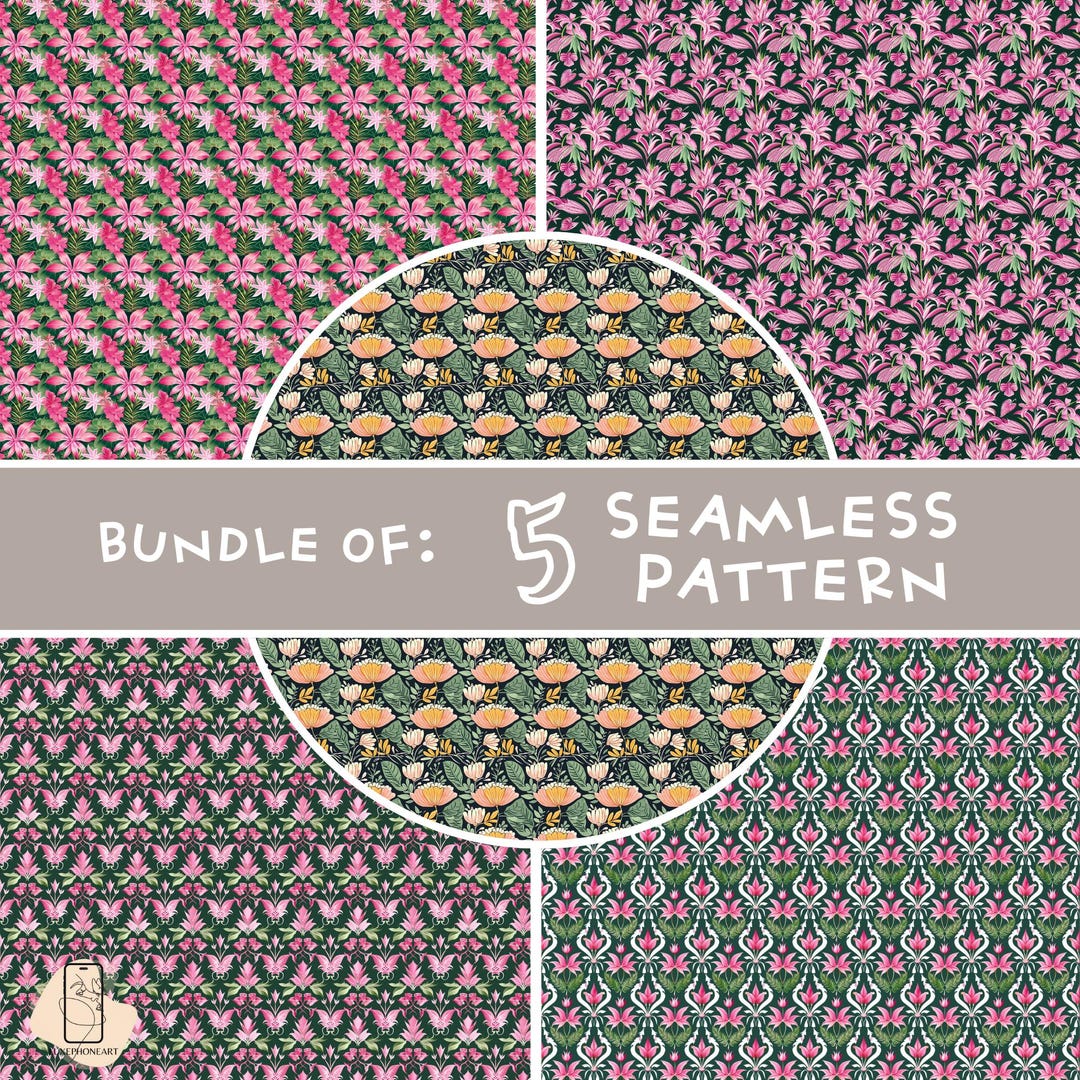 Bundle of 5 Modern Floral Printable Paper, Digital Wallpaper for ...