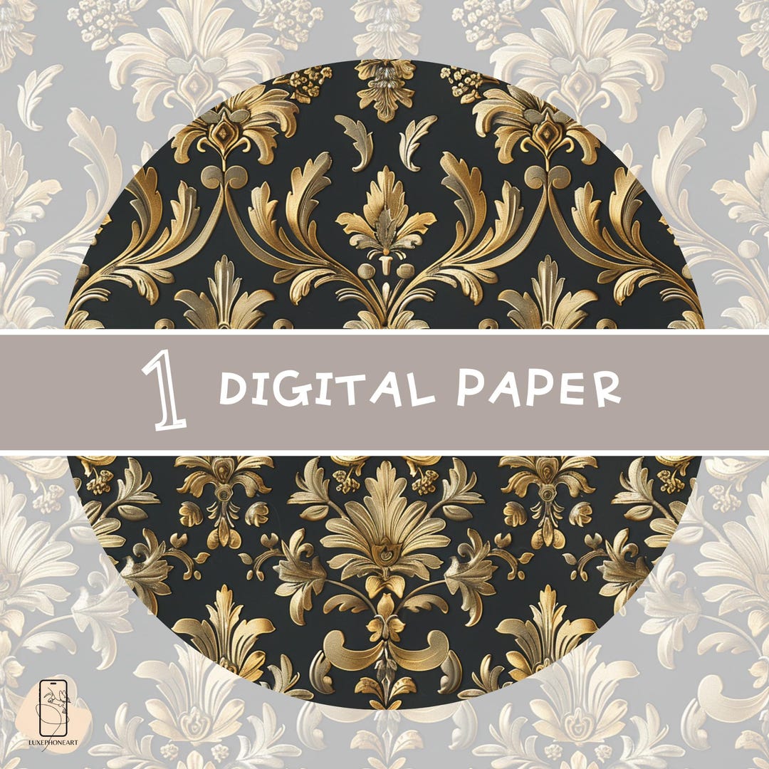 Single of Vintage Black Damask Printable Paper, Digital Paper for ...