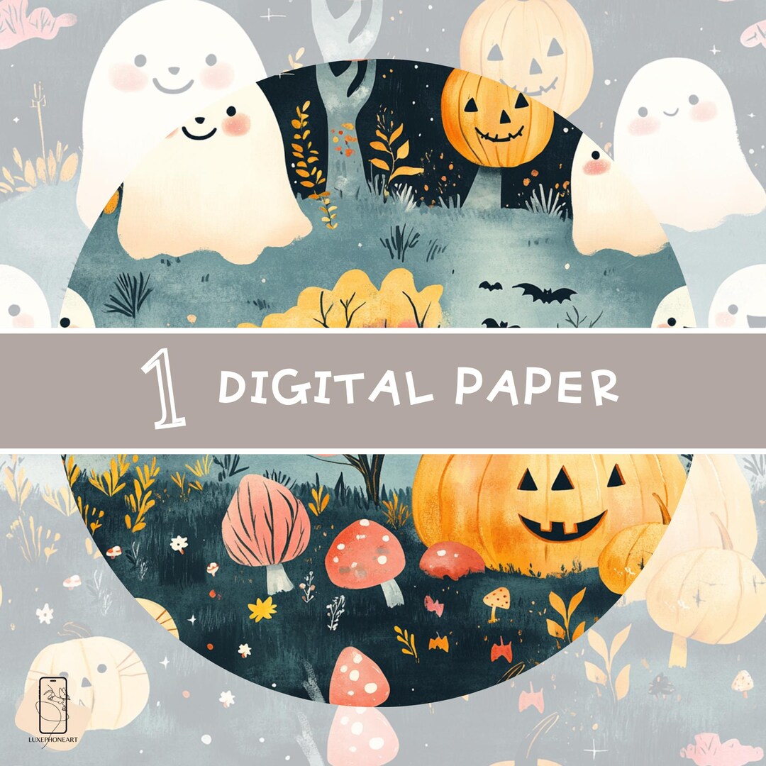Vintage Single Printable Paper Card With Cute Ghost and Pumpkin, Autumn ...