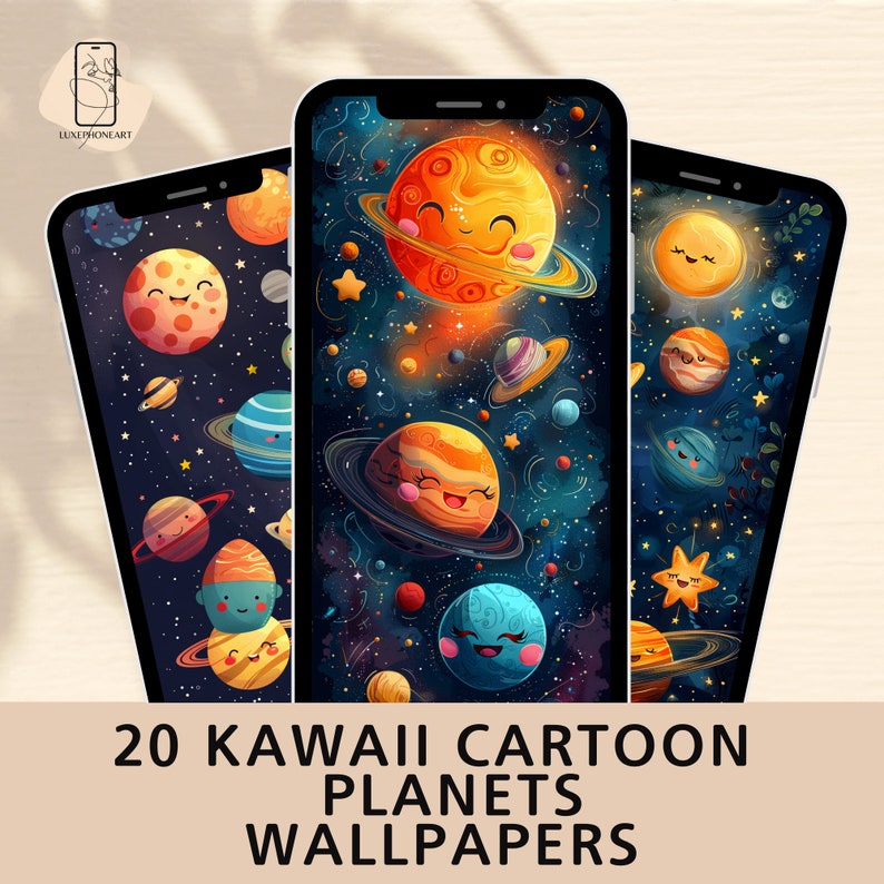 Pack of 20 Kawaii Cartoon Planets Wallpapers for Kids, Screensaver ...