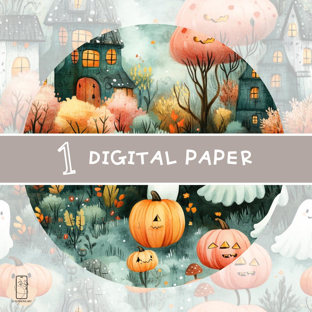 Vintage Single Printable Paper Card With Cute Ghost and Pumpkin, Autumn ...