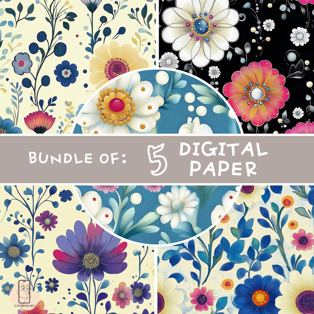 Bundle of 5 Boho Flower Printable Paper, Botanical Digital Wallpaper ...