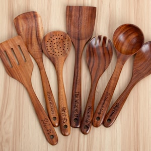 Custom Engraved Wood Kitchen Utensil Set, 7-PCS Teak Wood Cooking ...