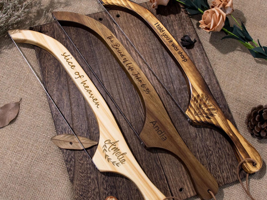 Personalised Wooden Bread Bow Knife, Engraved Sourdough Slicer for ...