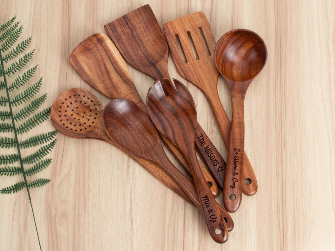 Custom Engraved Wood Kitchen Utensil Set, 7-PCS Teak Wood Cooking ...