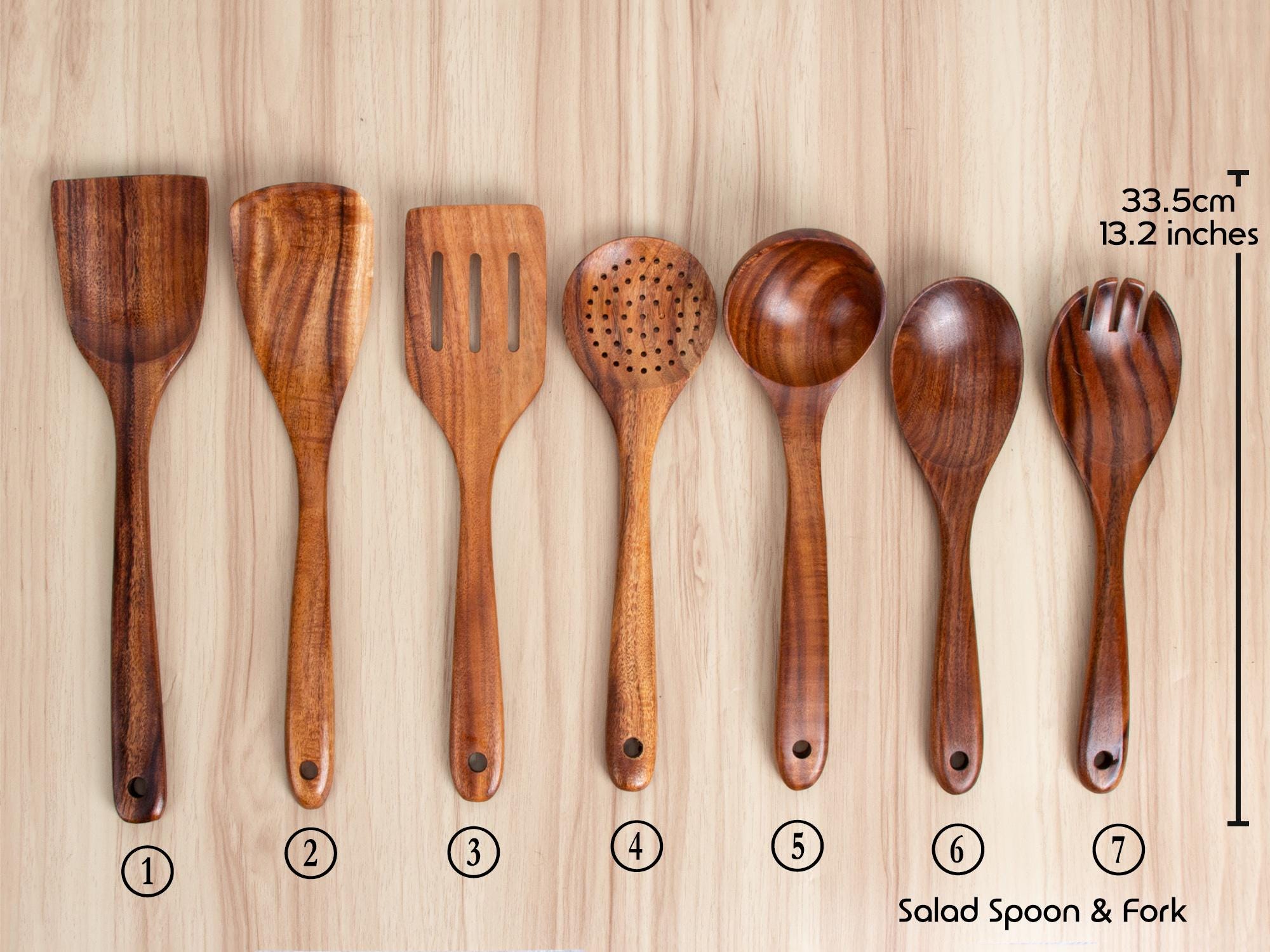 Custom Engraved Wood Kitchen Utensil Set, 7-PCS Teak Wood Cooking ...