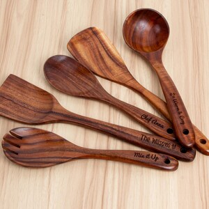 Custom Engraved Wood Kitchen Utensil Set, 7-PCS Teak Wood Cooking ...