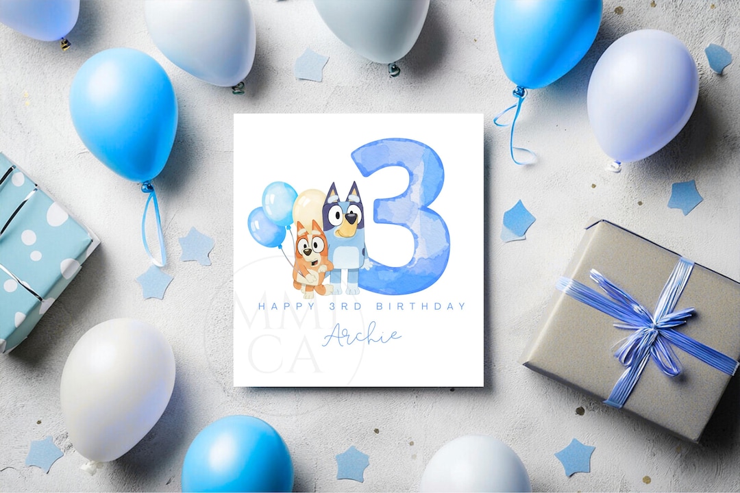Personalised Bluey 3rd Birthday Card - Blue | Custom Name Bluey & Bingo ...
